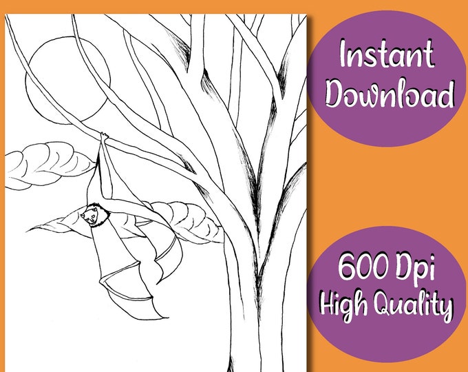 Bat in Tree Printable Coloring Page - Etsy