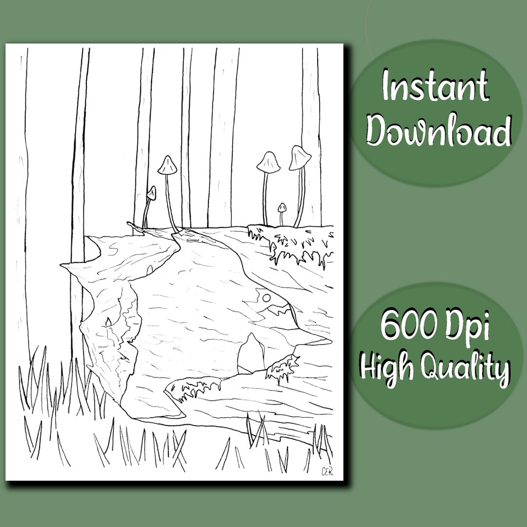 Mushroom Log Forrest Fantasy Printable Coloring Page - Etsy