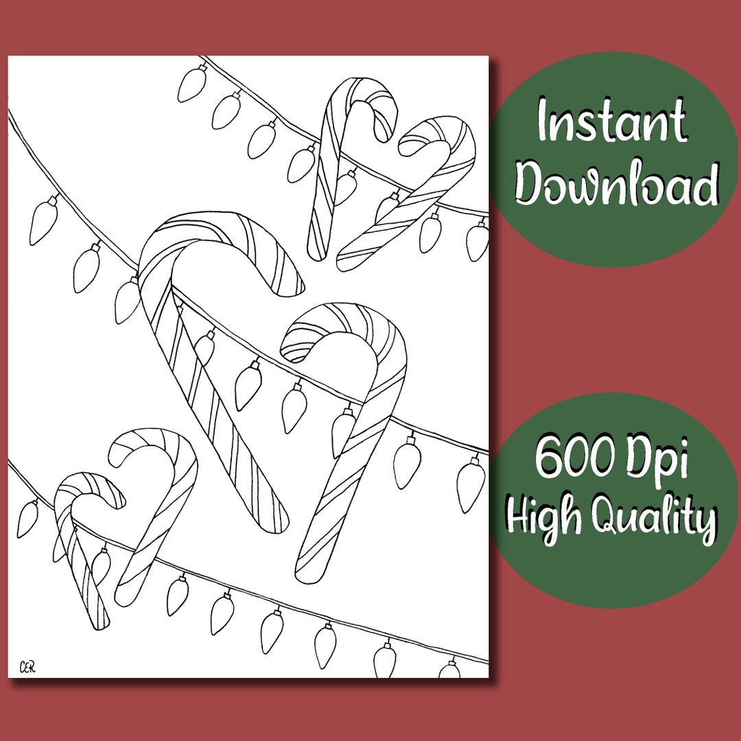 Candy Cane & Festive Lights Printable Coloring Page - Etsy