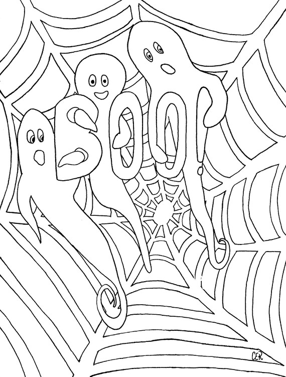 Ghostly Boo & Spider Web Printable Coloring Page - Etsy