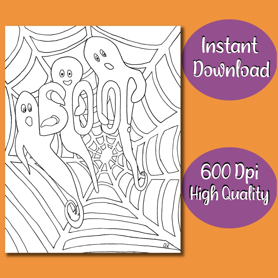 Ghostly Boo & Spider Web Printable Coloring Page - Etsy