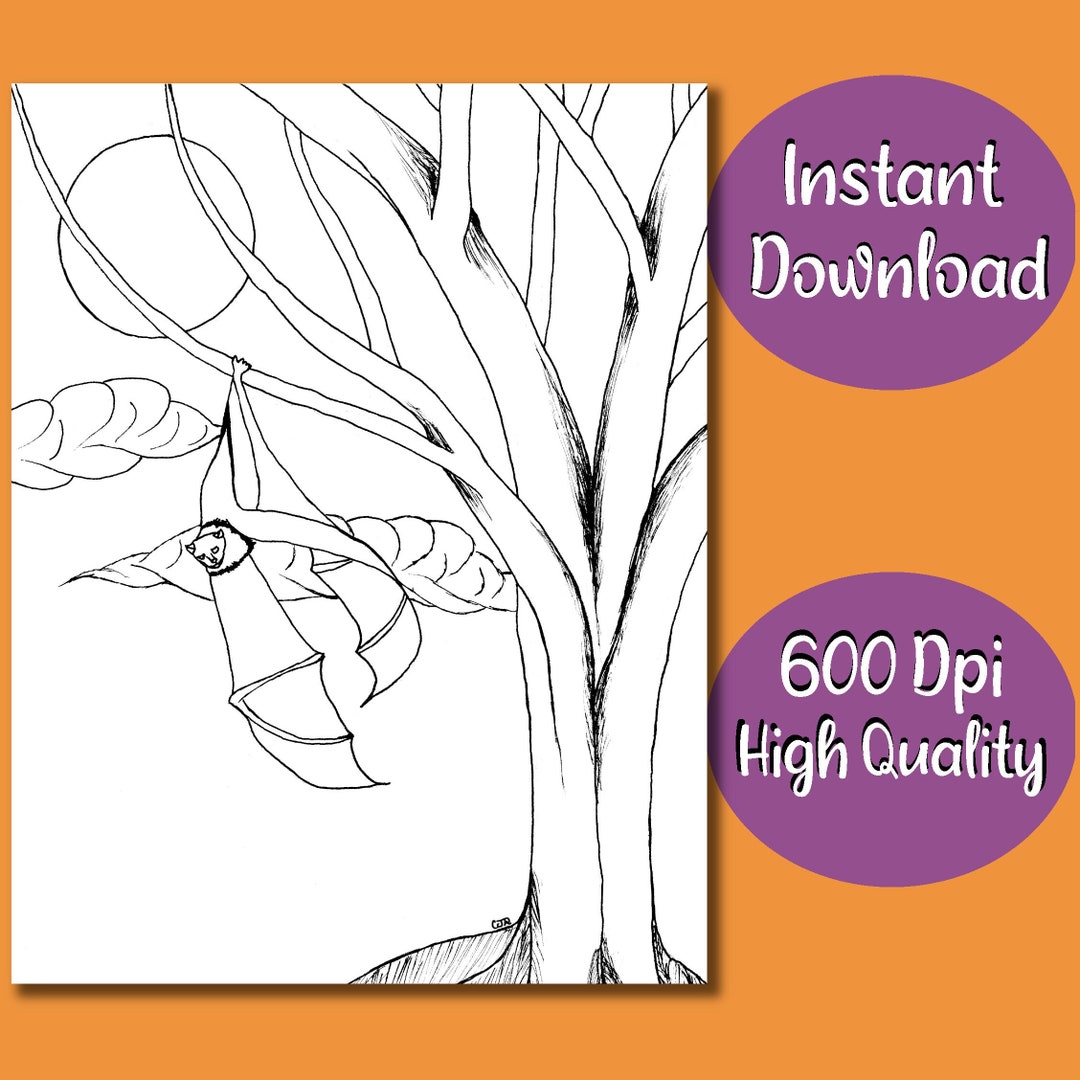 Bat in Tree Printable Coloring Page - Etsy