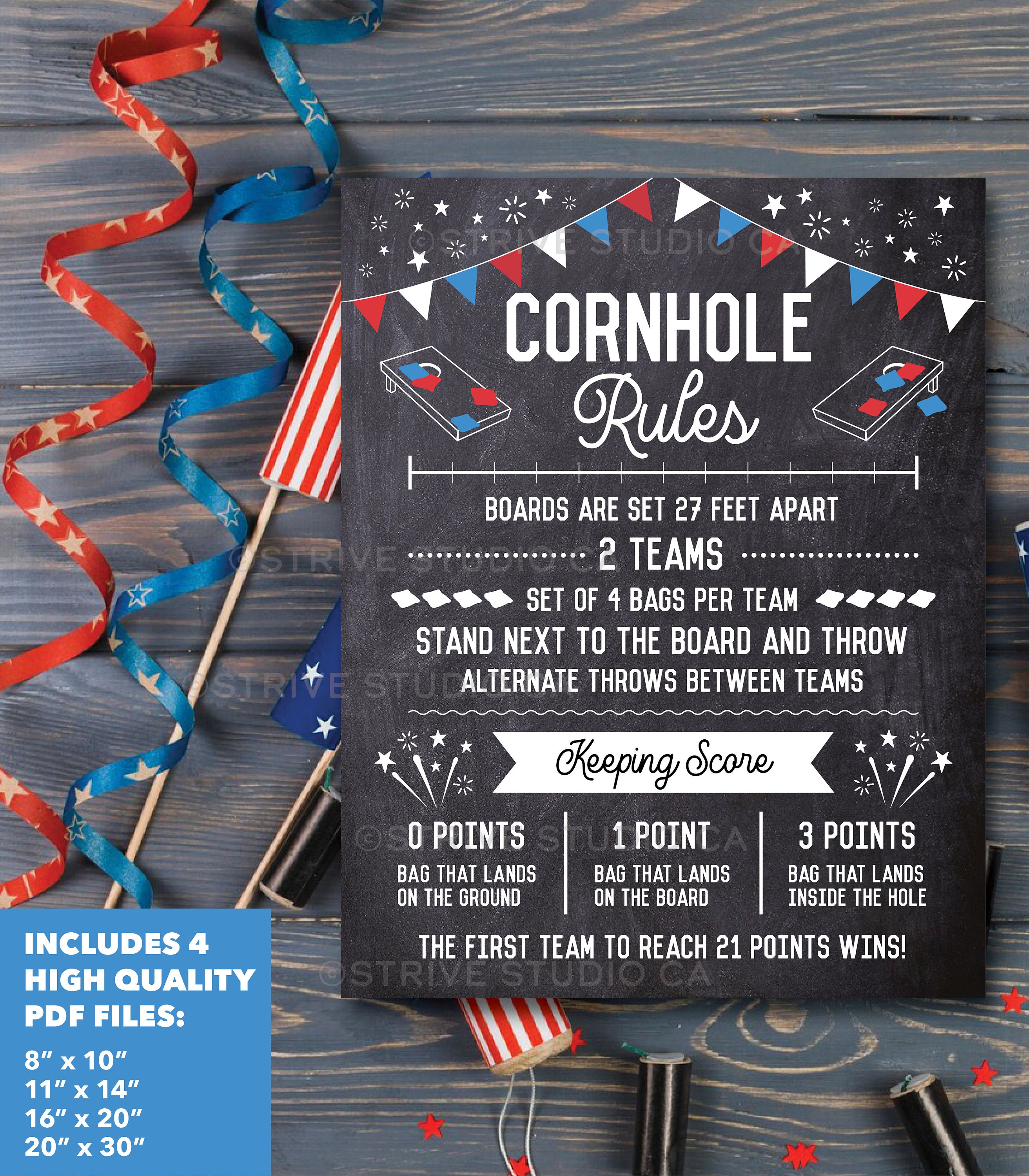 Cornhole Rules Sign: Red White Blue, Patriotic Party (printable INSTANT ...