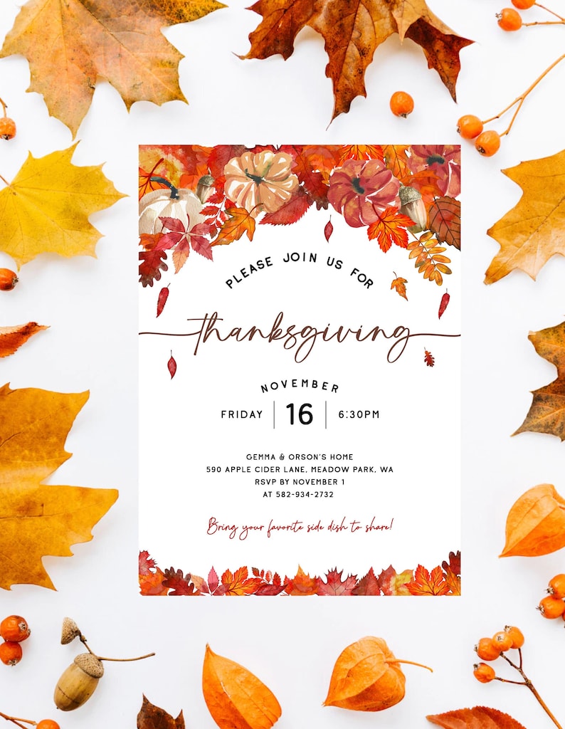 Thanksgiving Harvest Fall Leaves Watercolor Invitation, DIY Editable ...