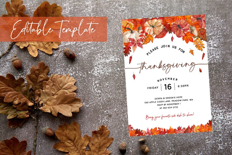 Thanksgiving Harvest Fall Leaves Watercolor Invitation, DIY Editable ...