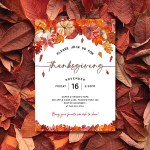 Thanksgiving Harvest Fall Leaves Watercolor Invitation, DIY Editable ...