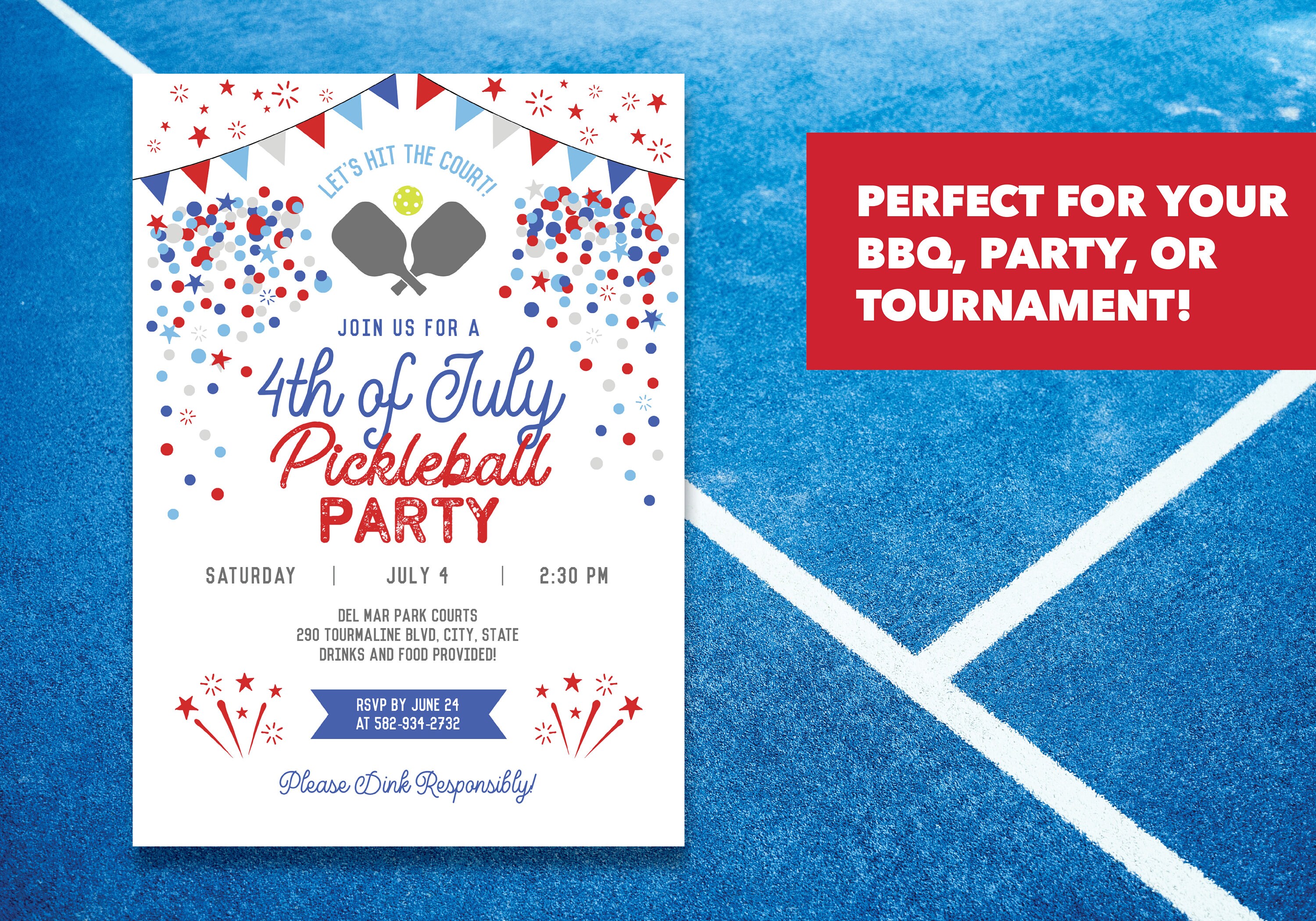 4th of July Pickleball Party Invitation Editable Template,printable ...