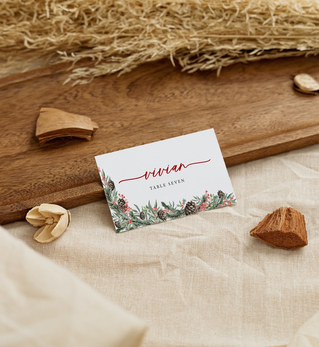 Christmas Place Card Template, Editable, Holiday Dinner Seating Card ...