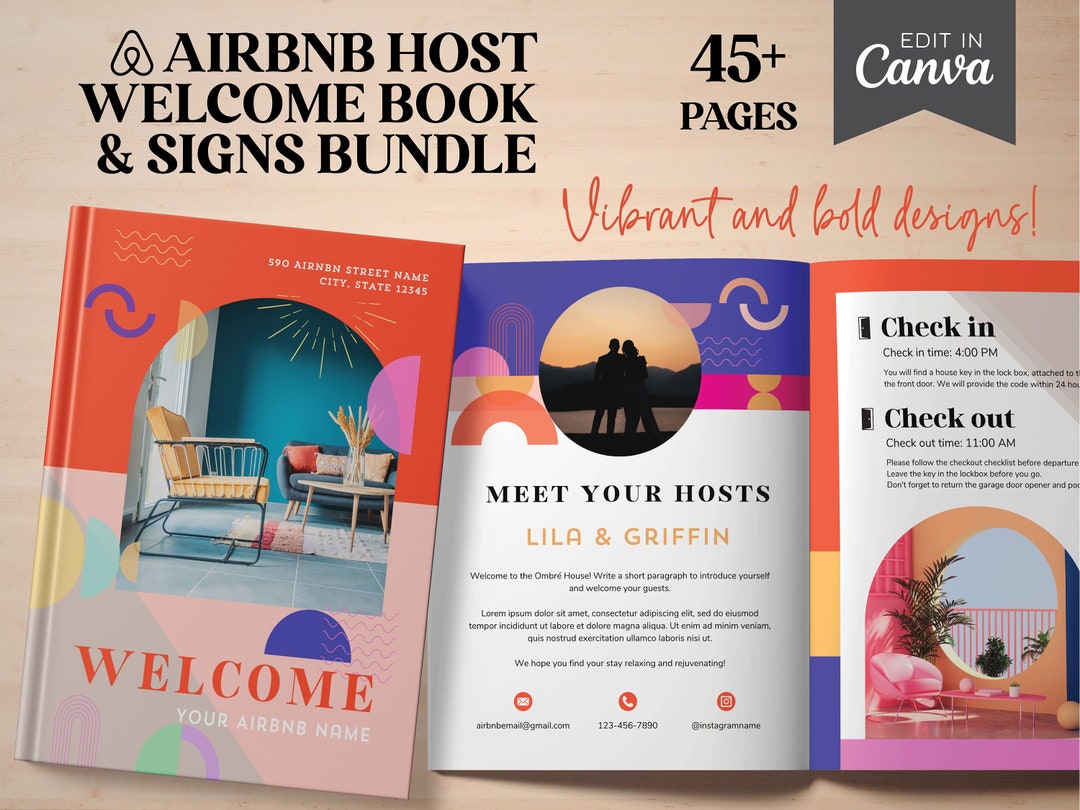 Vibrant Airbnb Welcome Book Signs Bundle, Canva Template | Editable ...