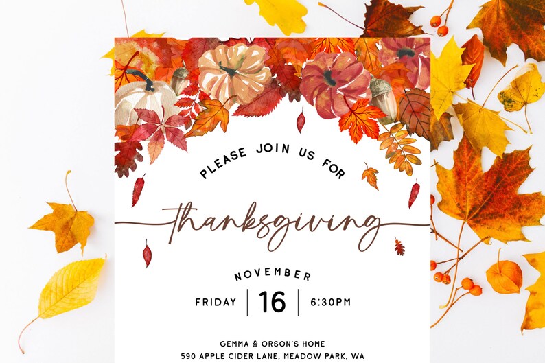 Thanksgiving Harvest Fall Leaves Watercolor Invitation, DIY Editable ...
