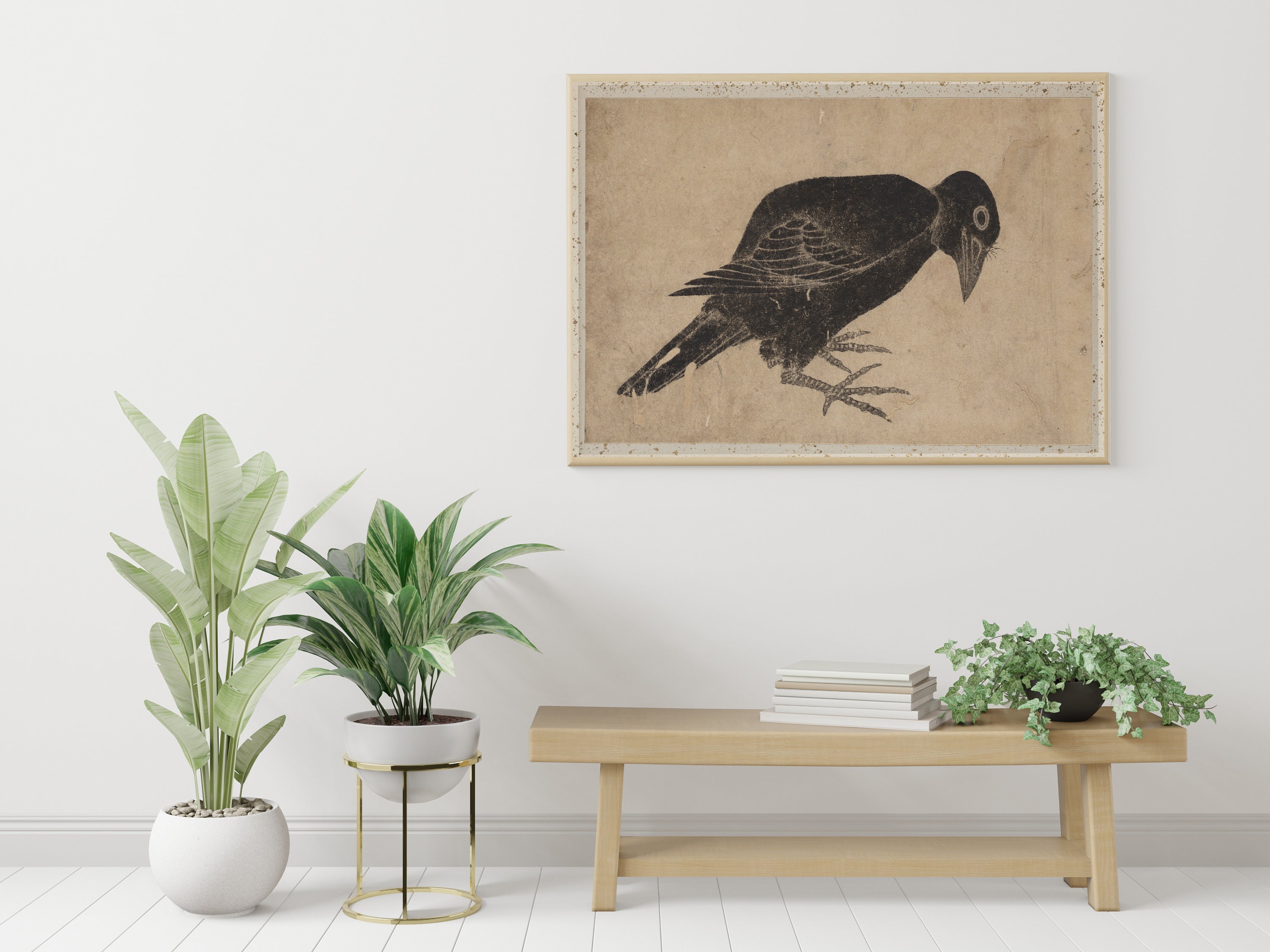Vintage Woodblock Crow Etchingprintable Wall Artdark - Etsy