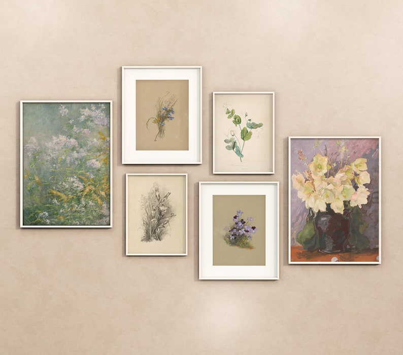 Antique Flower Paintings Set of 6~soft and Romantic Light Academia ...