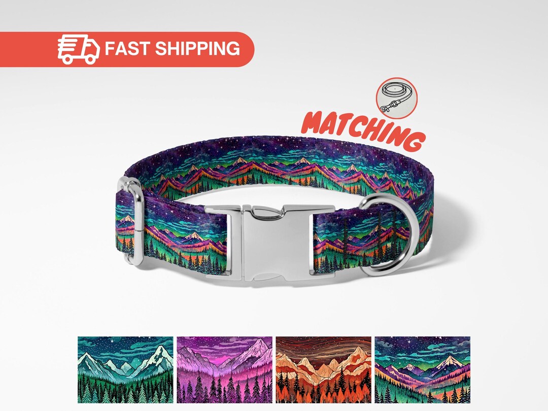 Dog Collar With Printed Name Tag Nature Forest Treeline Mountains ...
