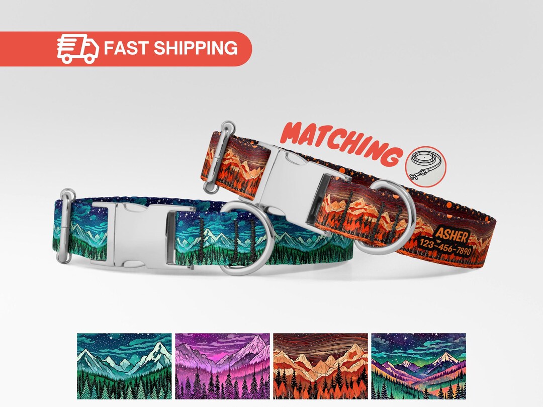 Dog Collar With Printed Name Tag Nature Forest Treeline Mountains ...