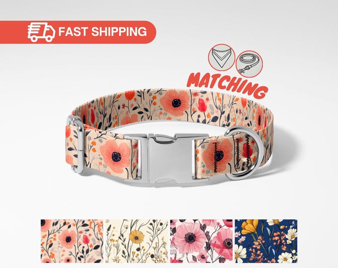 Personalized Poppy Floral Dog Collar, Custom Dog Collar With Name Tag ...