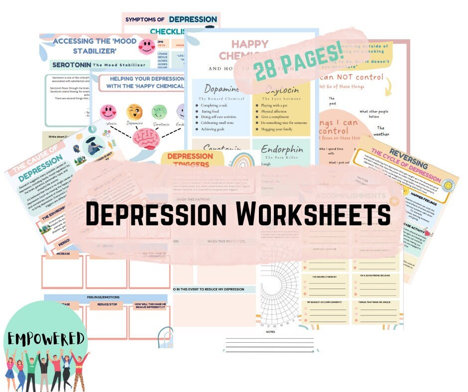 28 Page Depression Spiral Worksheets Bundle Therapy Worksheets CBT, DBT ...