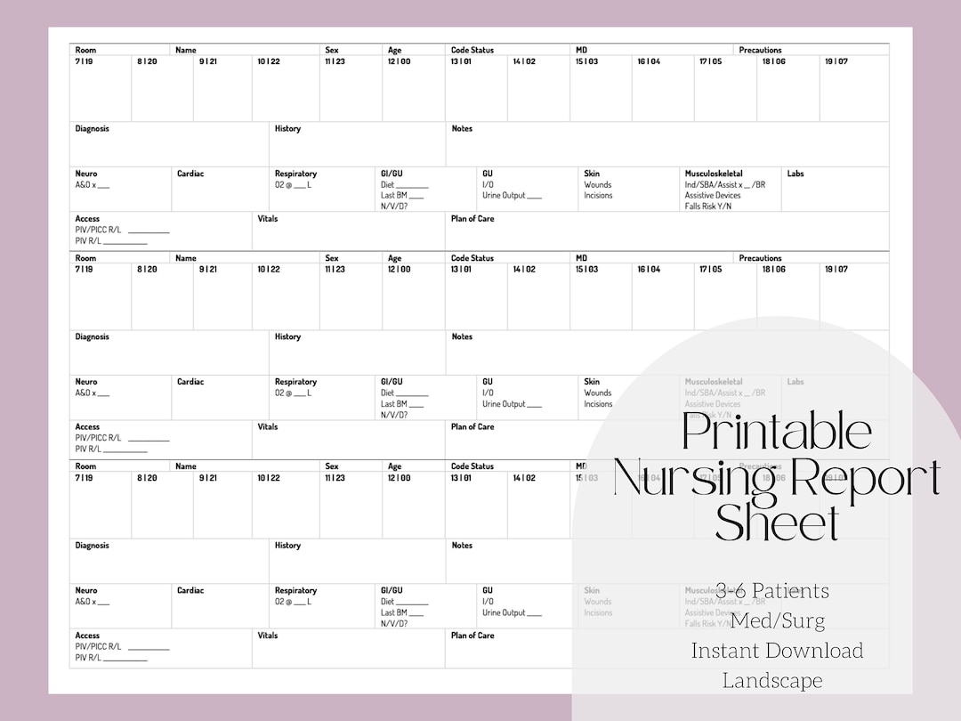 3-6 Patient Nurse Report Sheet | Printable | Medsurg Nursing | Nurse ...