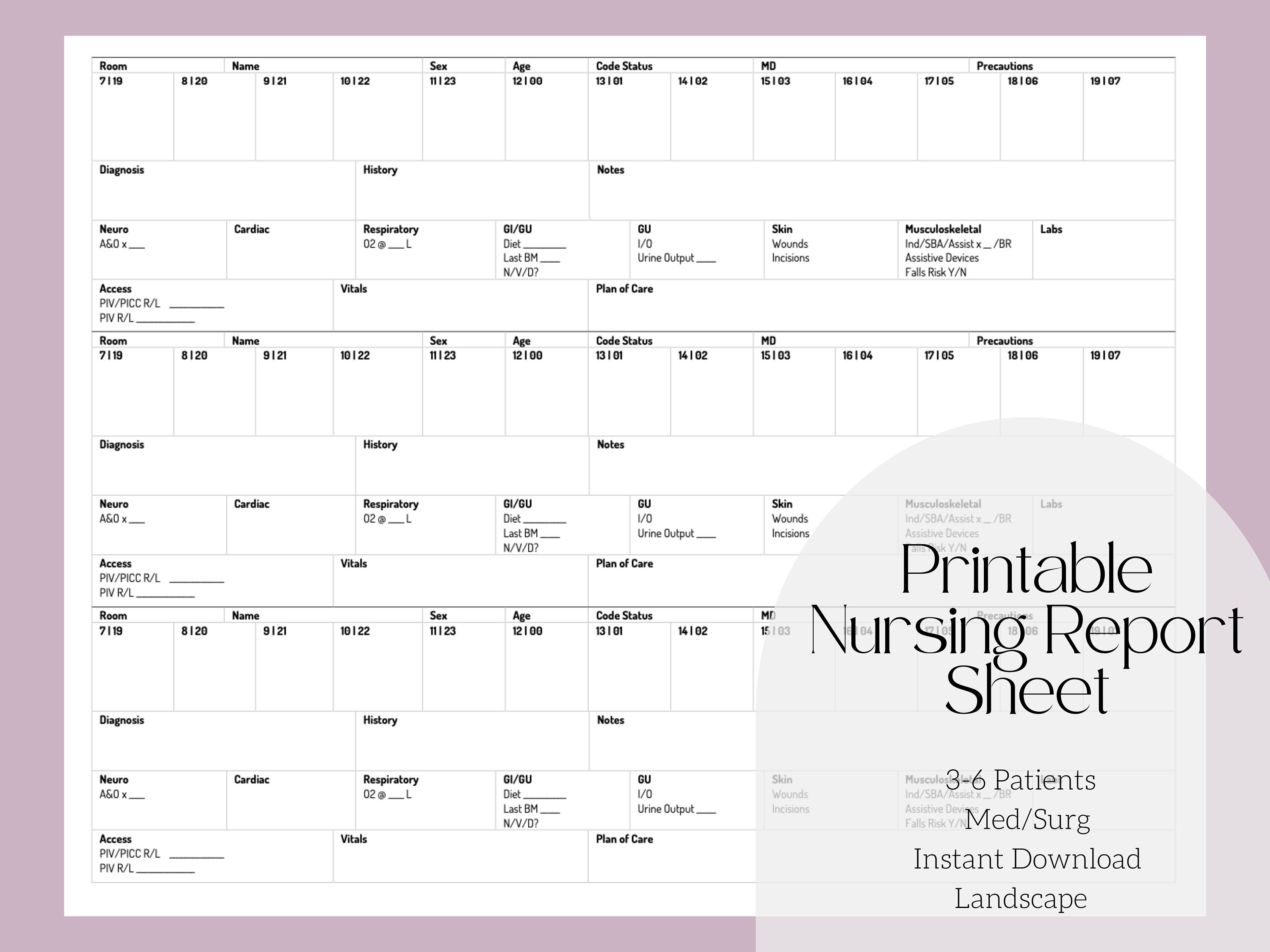 3-6 Patient Nurse Report Sheet | Printable | Medsurg Nursing | Nurse ...