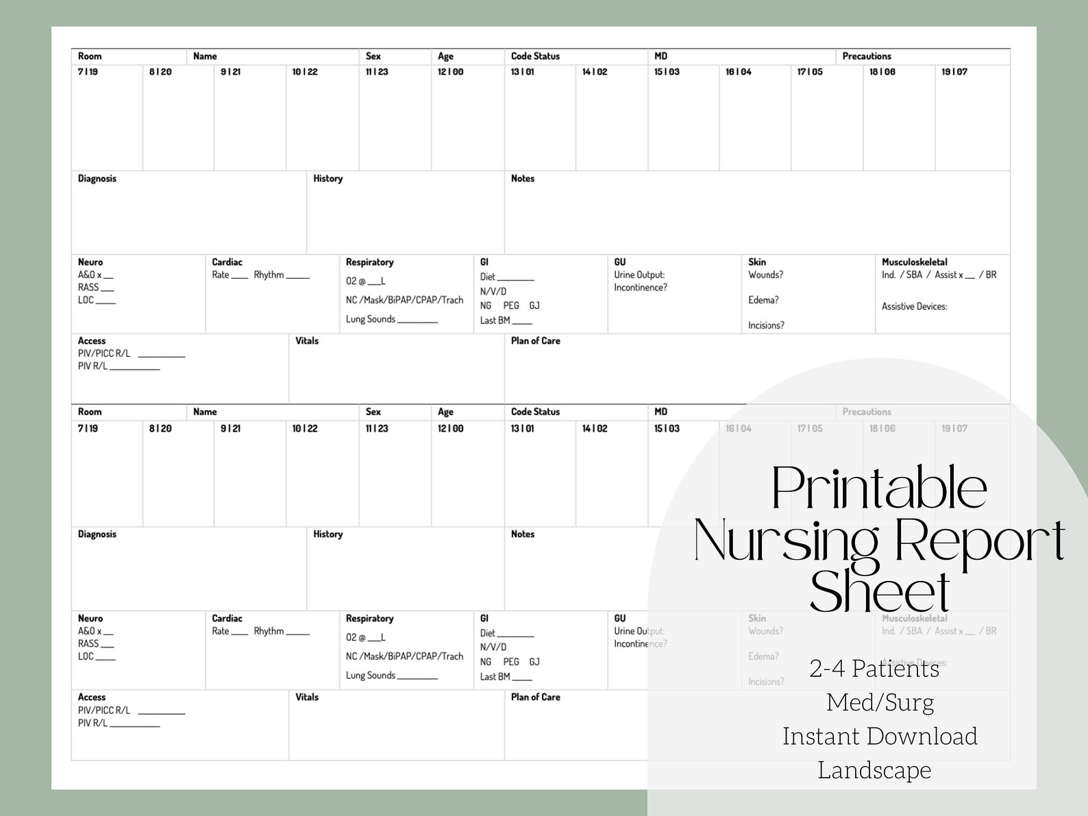2-4 Patient Nurse Report Sheet | Printable | Med Surg Nursing | Nurse ...