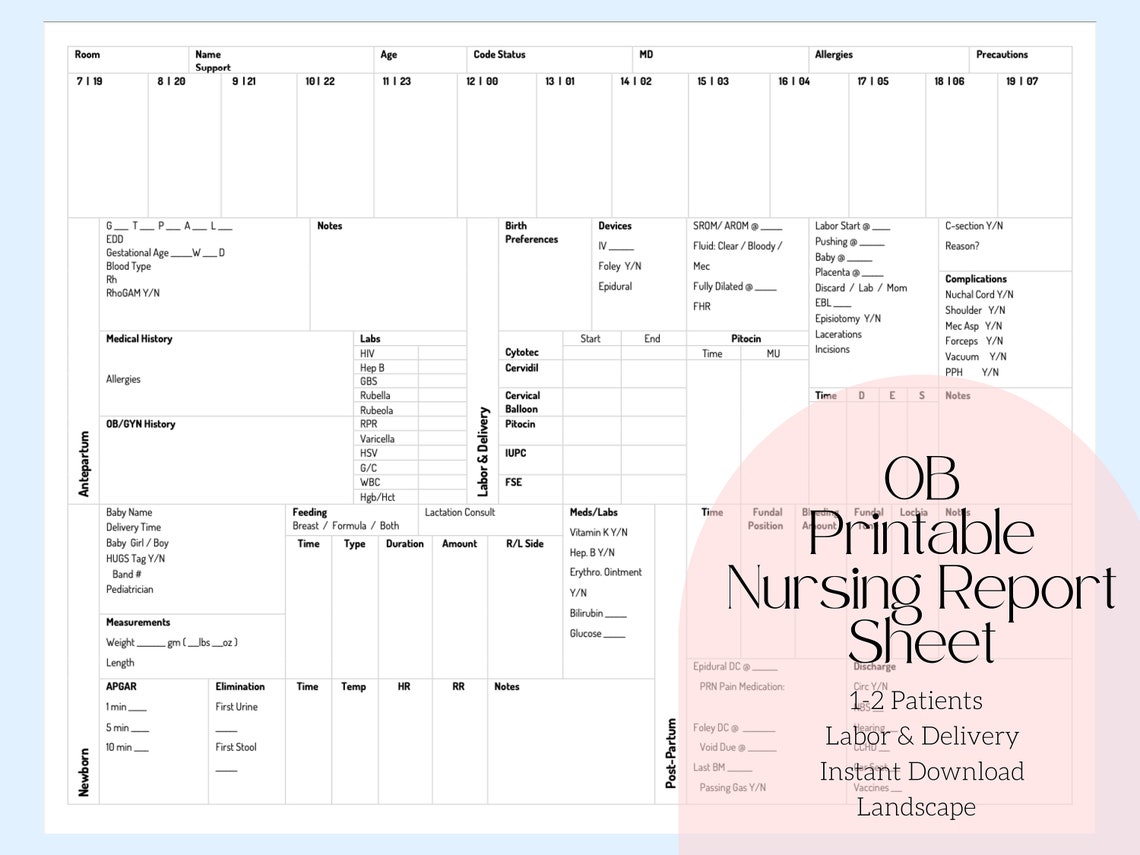 Labor and Delivery Nurse Report Sheet | 1-2 Patients | Printable ...