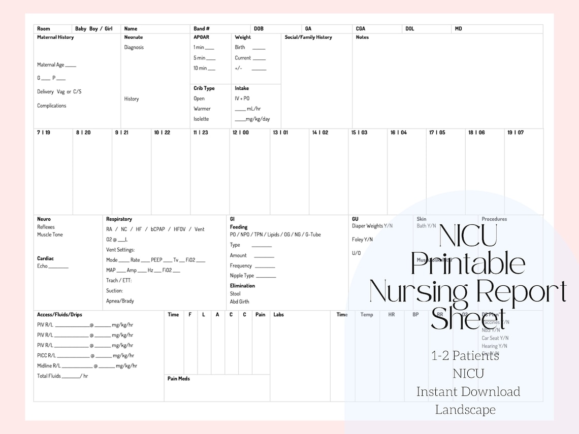 NICU Nurse Report Sheet 1-2 Patients Printable Report Sheet NICU Nurse ...