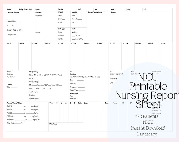 Labor and Delivery Nurse Report Sheet | 1-2 Patients | Printable ...