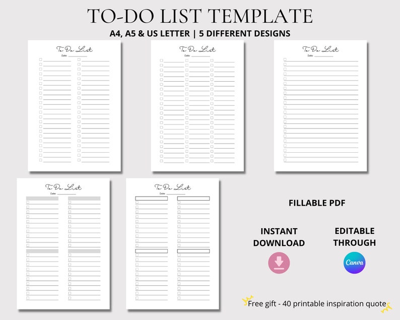 To Do List Template Checklist Printable Fillable PDF Editable A4 A5 US ...