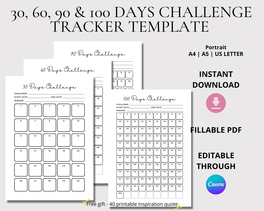 30 60 90 100 Days Goal Challenge Tracker | Gaol Challenge Tracker ...