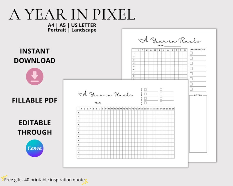 A Year in Pixel Template Portrait and Landscape Pixel Planner Yearly ...