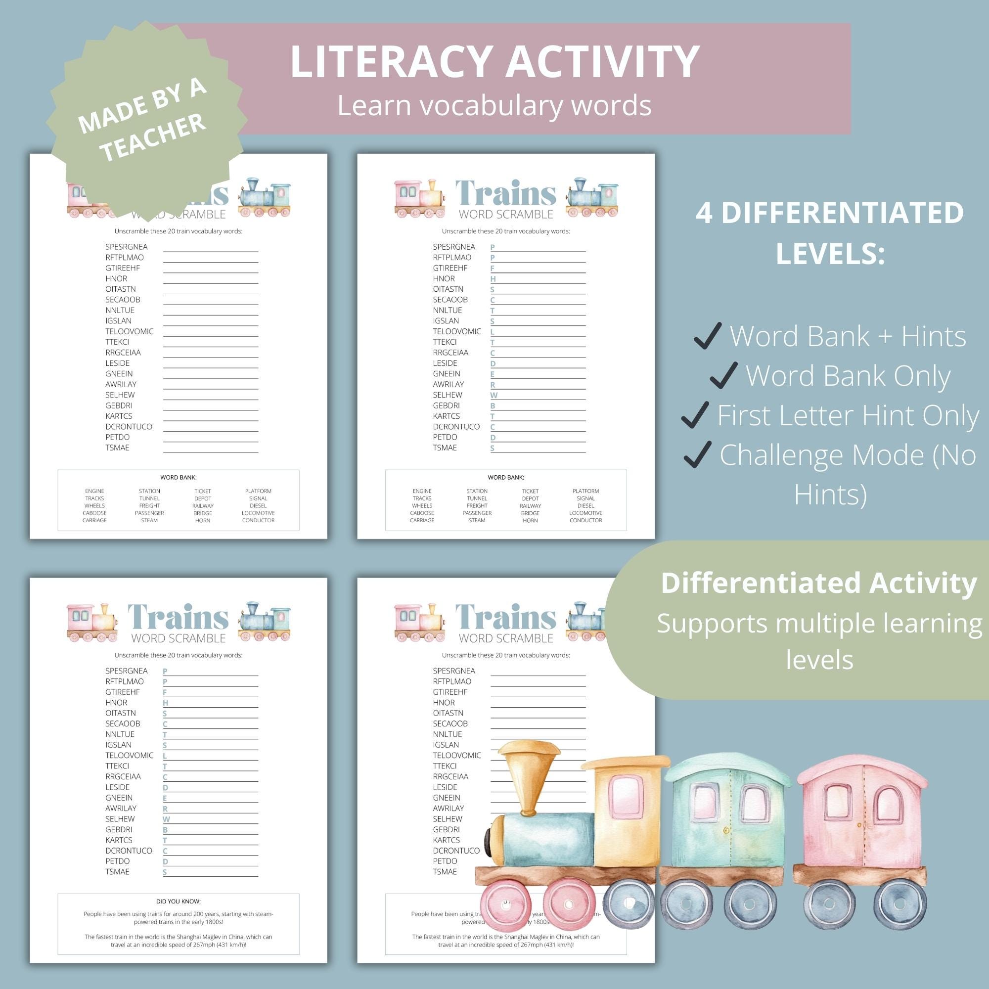 Trains Word Scramble Games, Printable Game for Kids, Word Puzzle for ...