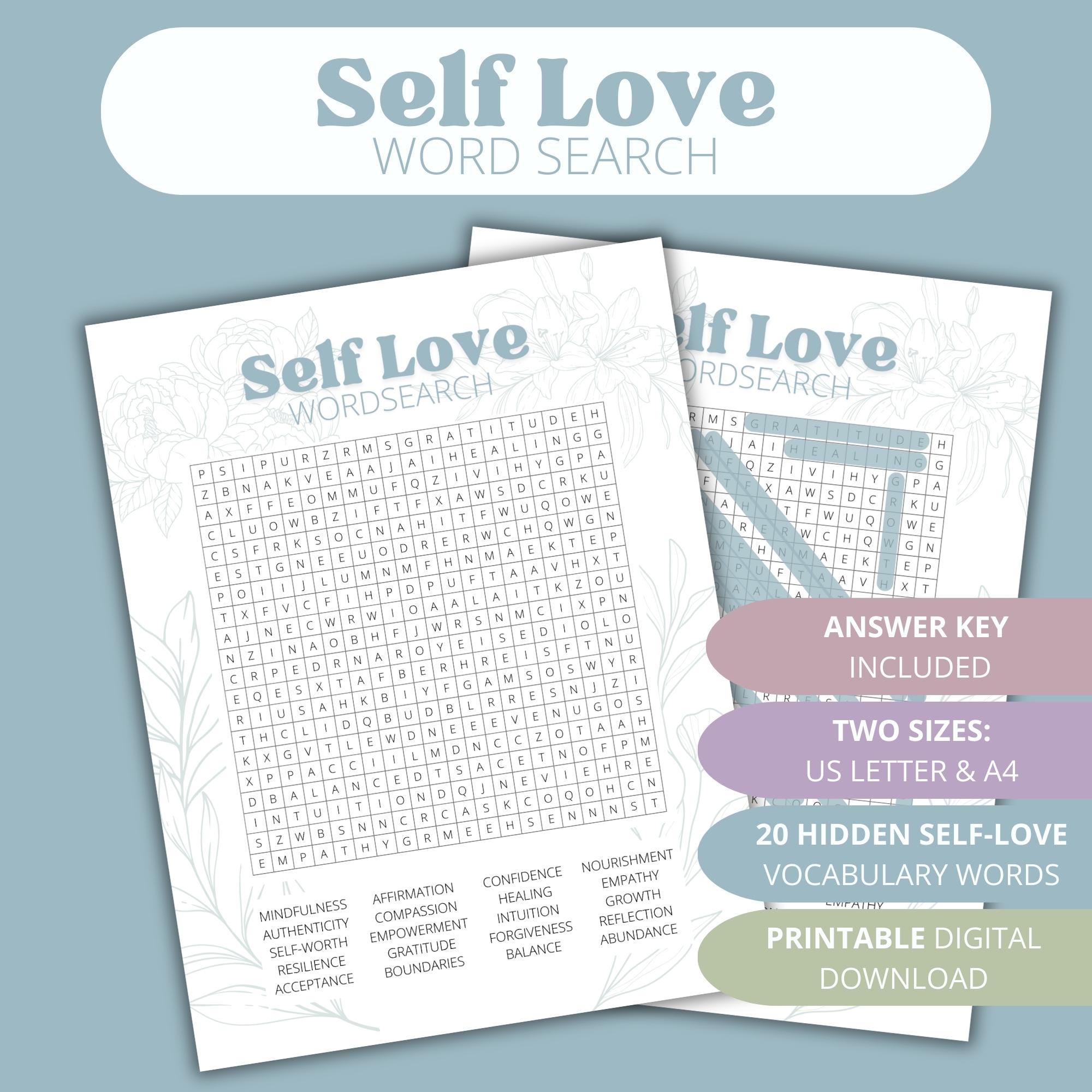 Self Love Word Search, Self Care Activity, Self-love Worksheet, Promote ...