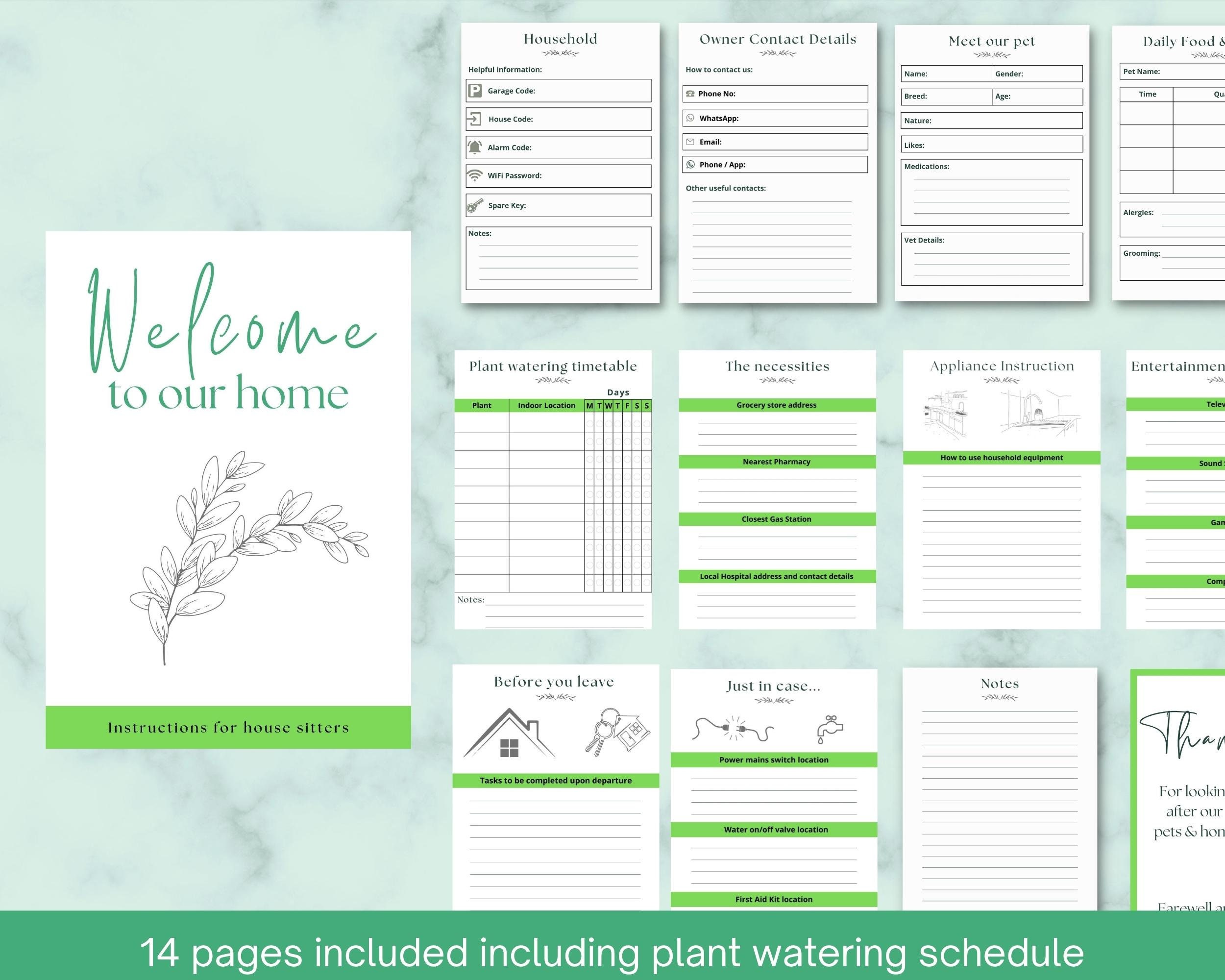 Printable House Sitter Notes, Pet Sitter Instructions, Guide for House ...