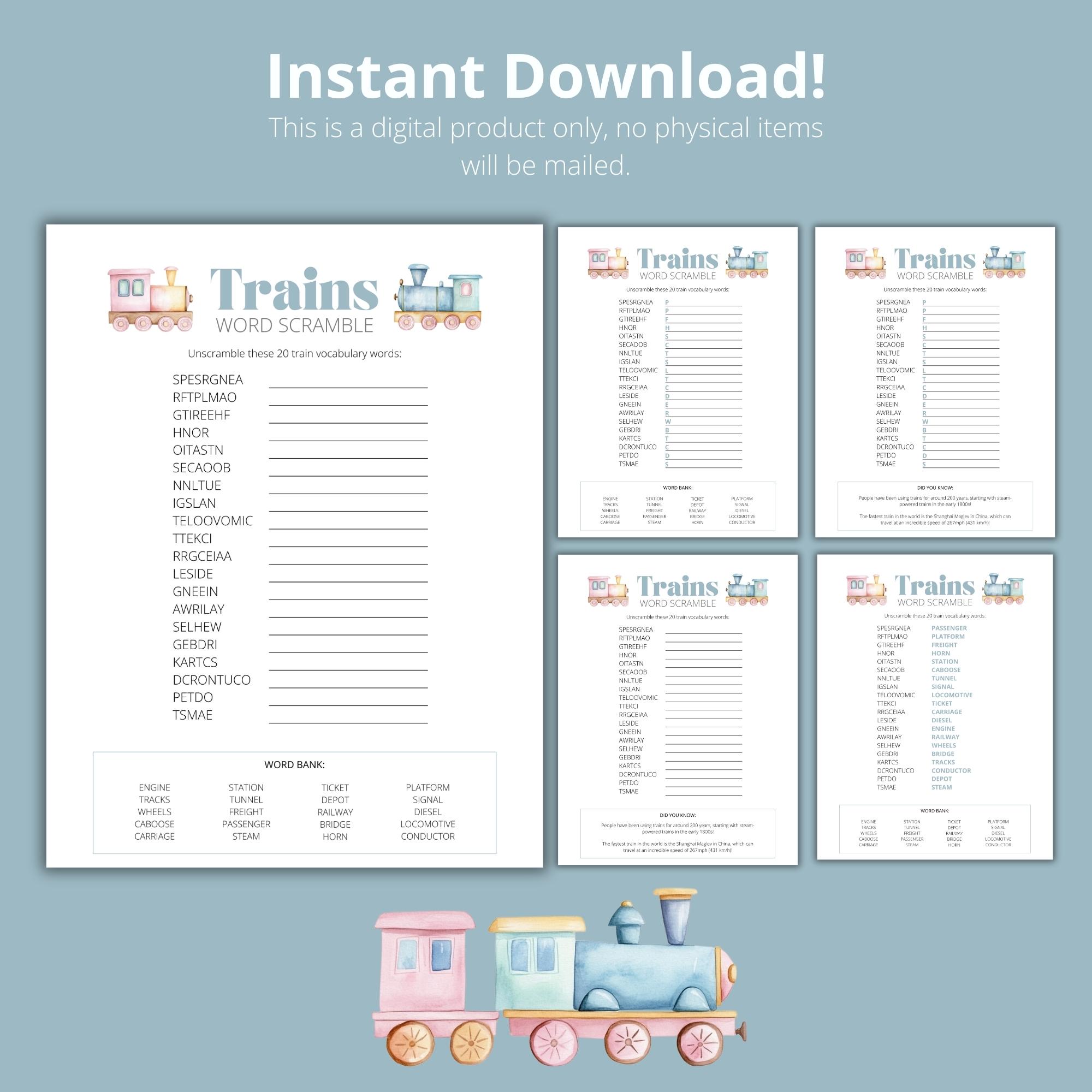 Trains Word Scramble Game: Kids Printable Activity (PDF) - Etsy