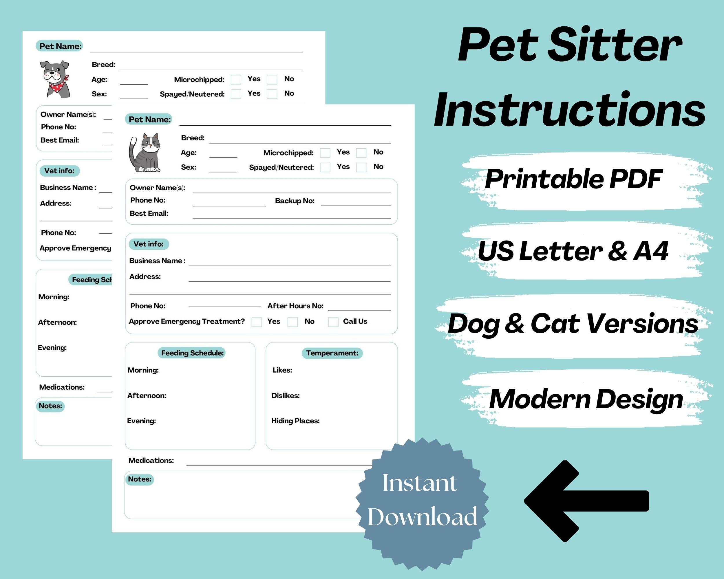 Pet Sitter Notes, Pet Sitting Instructions, Cat Sitter Instructions ...