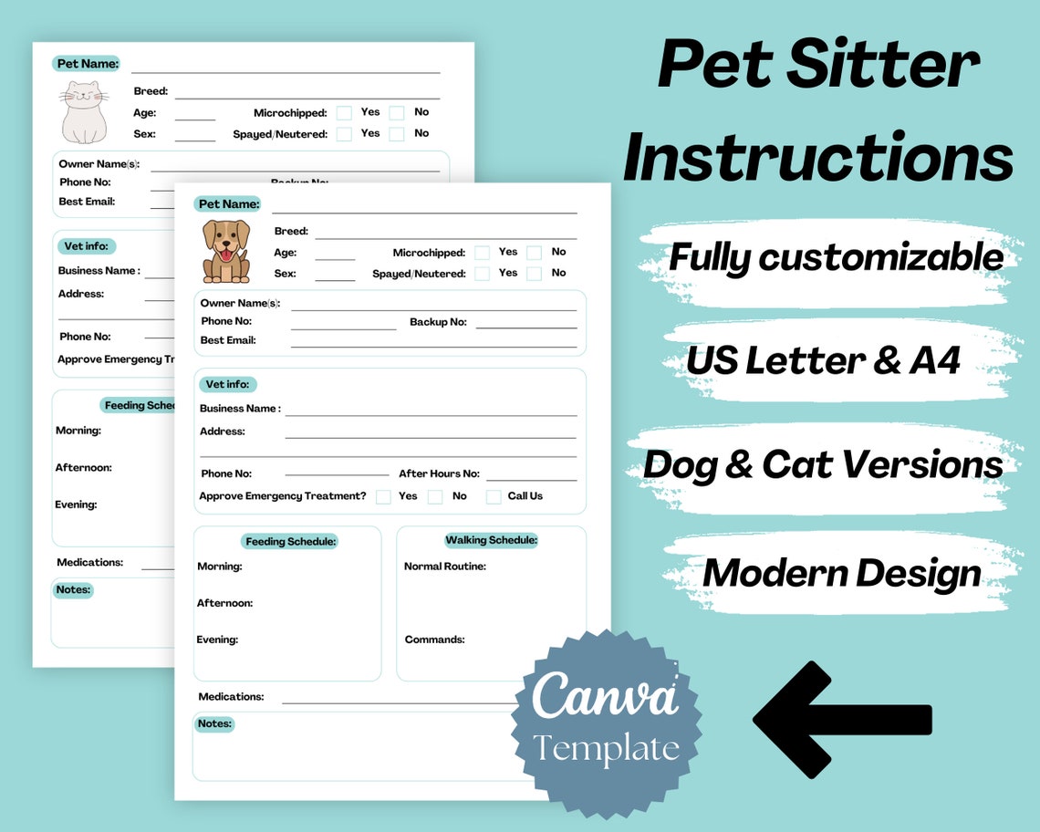 Pet Sitting Instructions Canva Template, Pet Sitter Notes, Dog Sitter ...