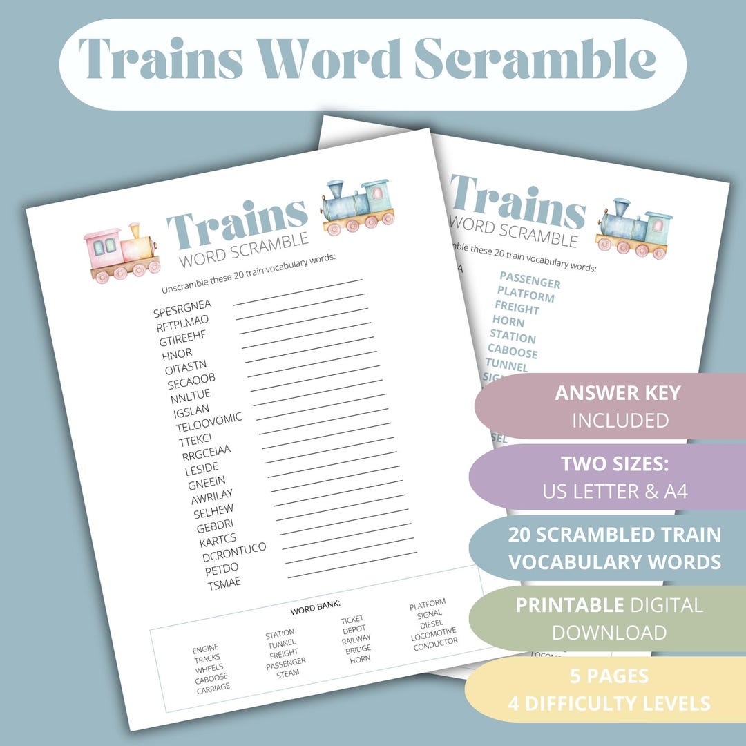 Trains Word Scramble Games, Printable Game for Kids, Word Puzzle for ...
