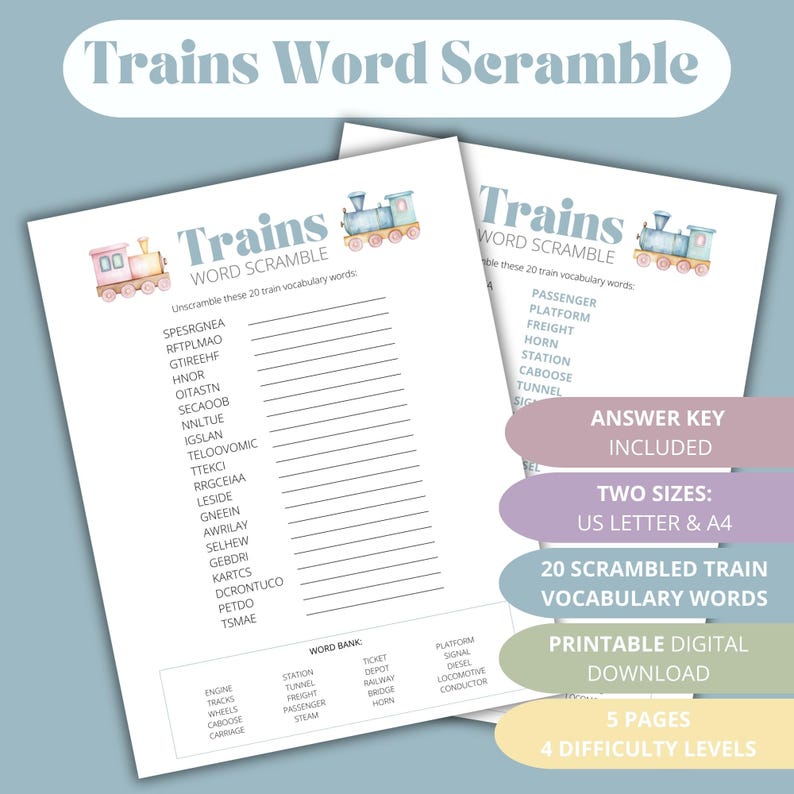 Trains Word Scramble Game: Kids Printable Activity (PDF) - Etsy