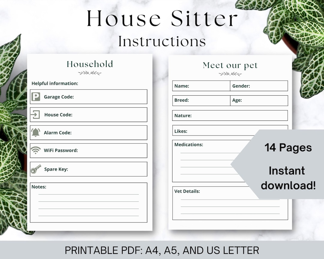 House Sitter Instructions, Printable House Sitter Notes, Homeowner ...
