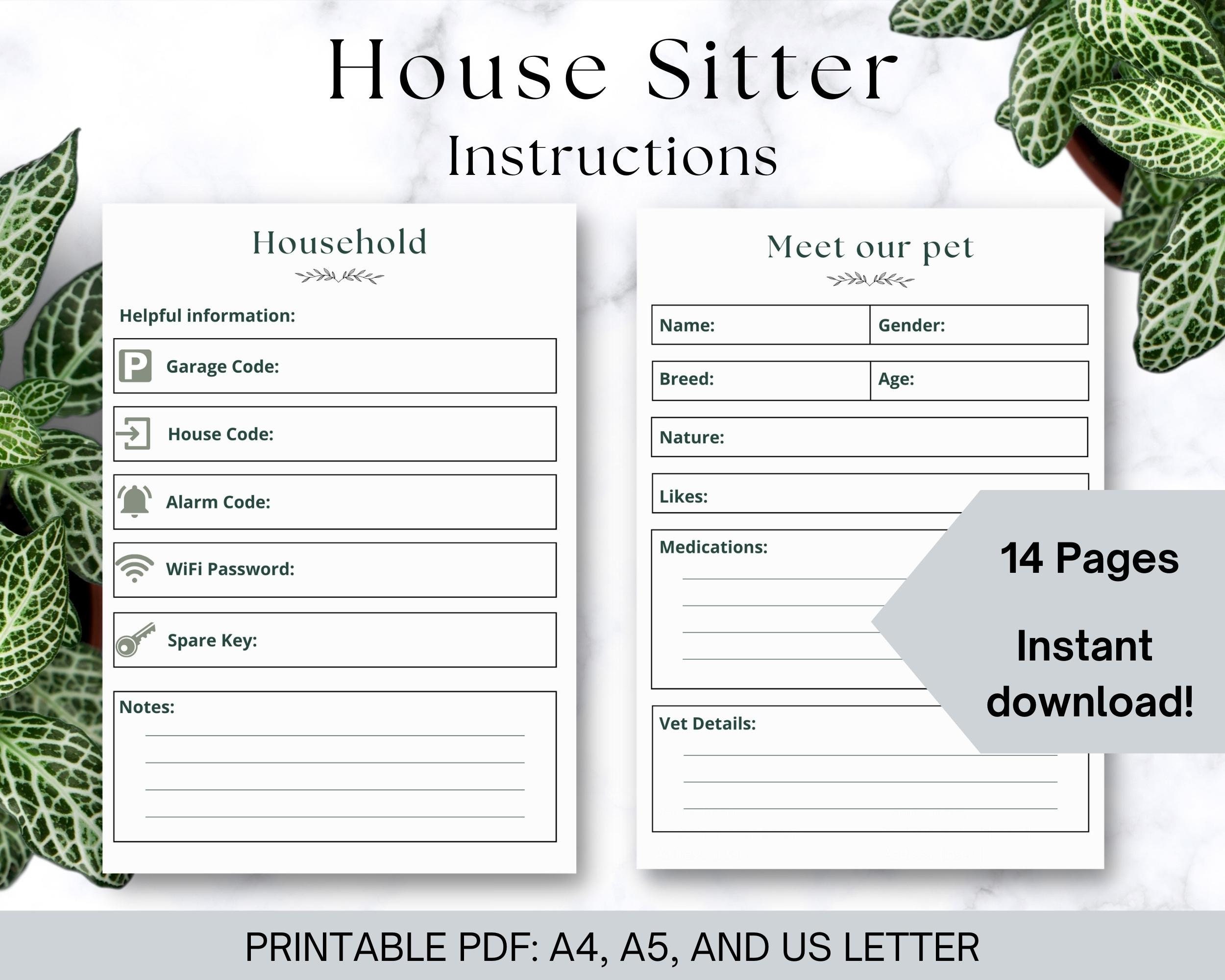 House Sitter Instructions, Printable House Sitter Notes, Homeowner ...