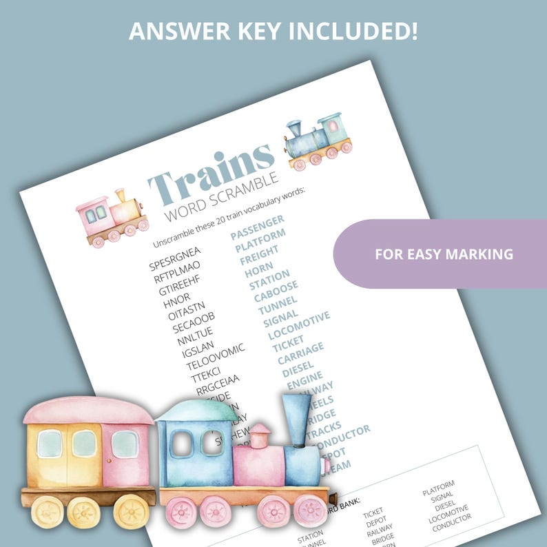 Trains Word Scramble Games, Printable Game for Kids, Word Puzzle for ...