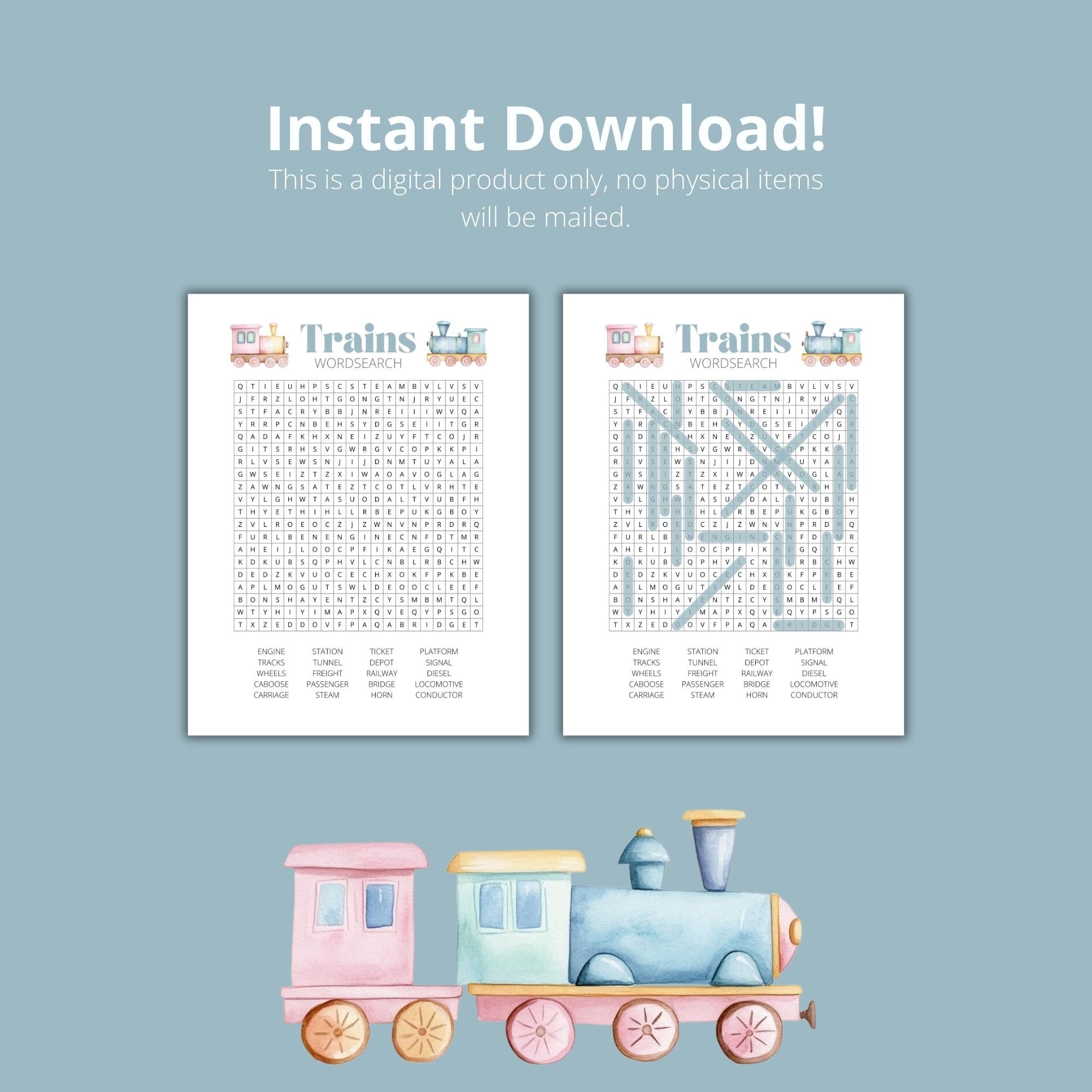 Trains Word Search Game: Kids Printable Puzzle (PDF) - Etsy