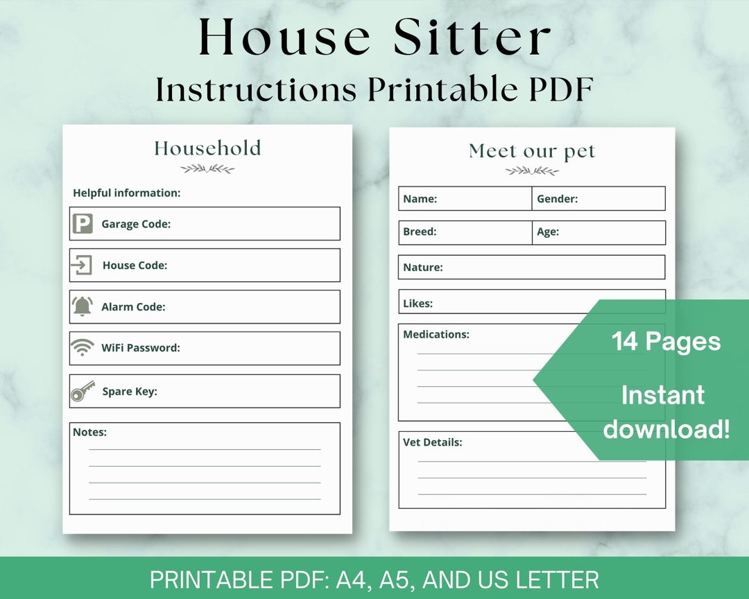 Printable House Sitter Notes, Pet Sitter Instructions, Guide for House ...