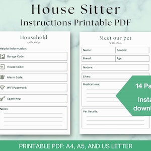 Printable House Sitter Notes, Pet Sitter Instructions, Guide for House ...