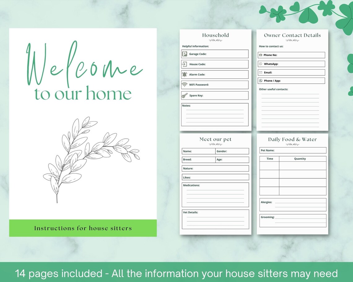 Printable House Sitter Notes, Pet Sitter Instructions, Guide for House ...