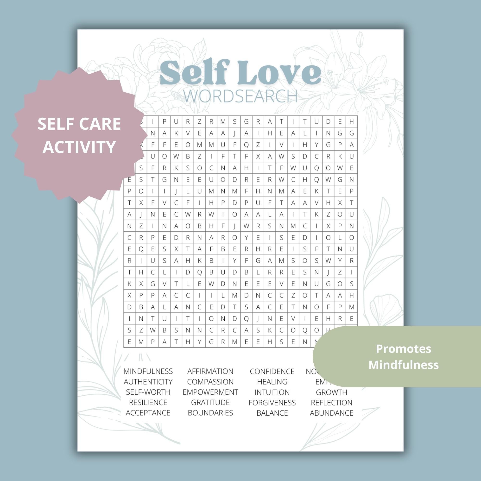 Self Love Word Search, Self Care Activity, Self-love Worksheet, Promote ...
