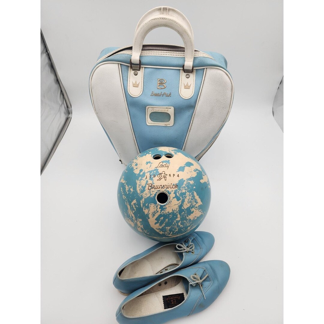 Vintage 60s Lady Brunswick 14lb Bowling Ball With Bag and Shoes Size 6 ...