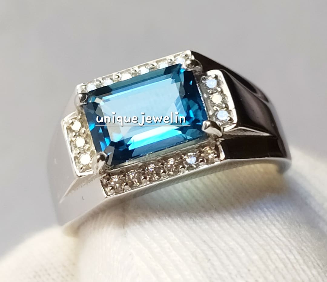 London Blue Topaz Gemstone Ring for Men's, 925 Sterling Silver Ring ...