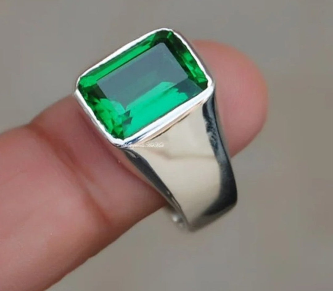 Lab Emerald Silver Men's Ring 925 Sterling Silver Ring / Wedding Ring/ Engagement Ring/ Emerald ...
