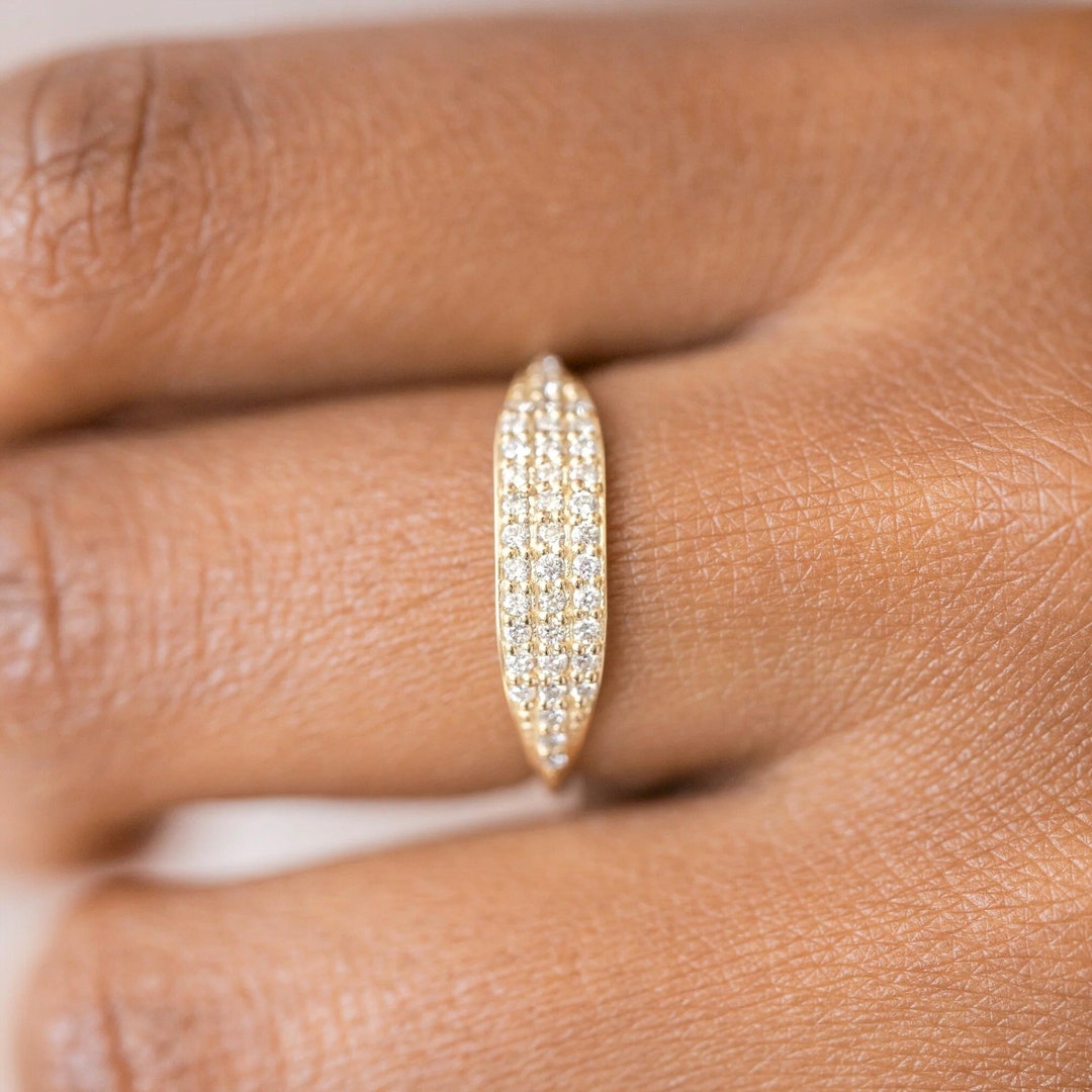 14k Solid Gold Sparkle Ring Dainty Pave Signet Ring Women - Etsy