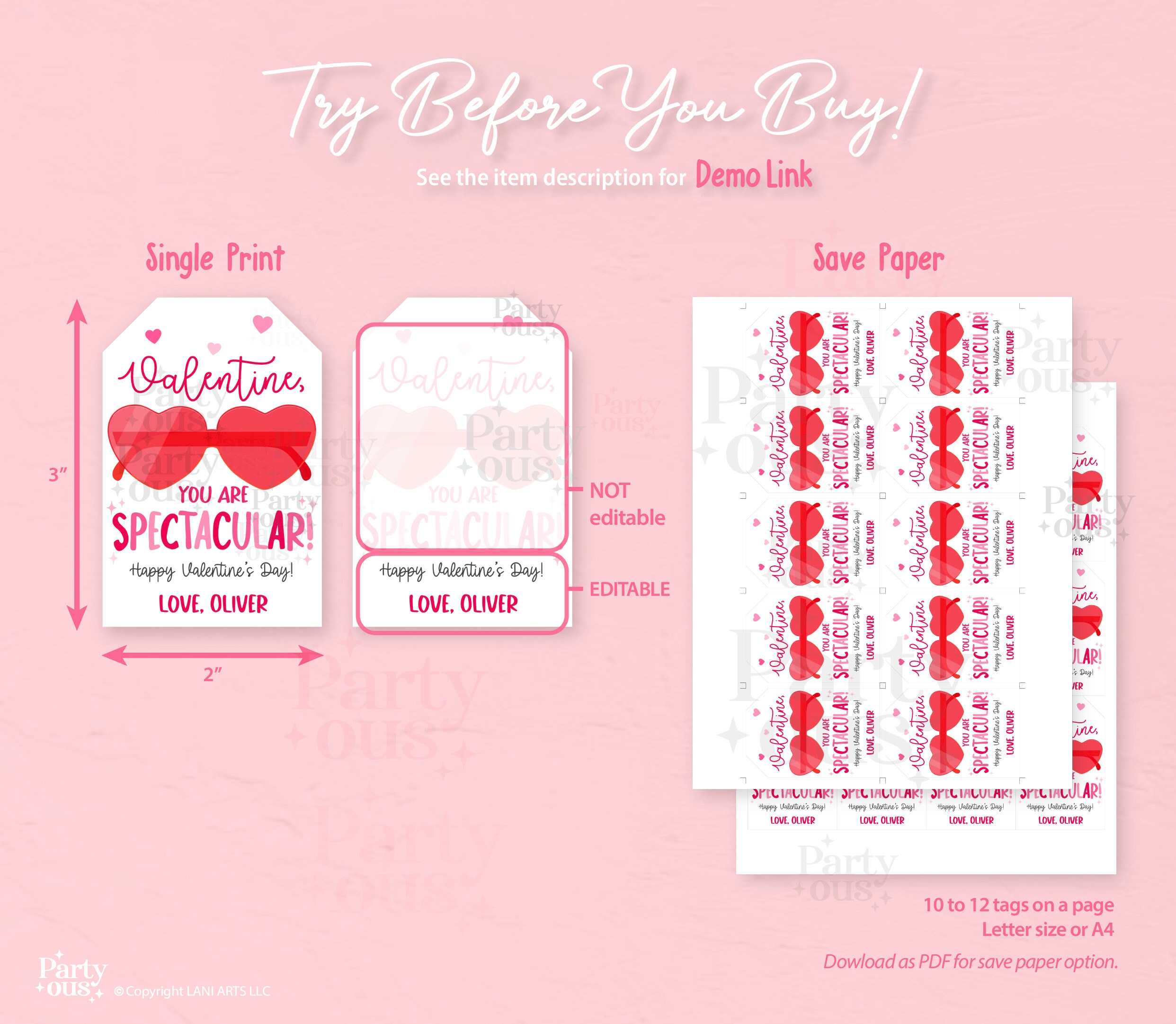 Editable Heart Sunglasses Valentines Day Gift Tag Valentine Gifts Tags ...